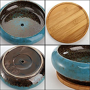 Peohud Ceramic Succulent Pot, 7.2 Inch Large Succulent Planter Pot with Drainage Hole, Shallow Bonsai Pot with Bamboo Tray for Cactus Indoor Outdoor Plant