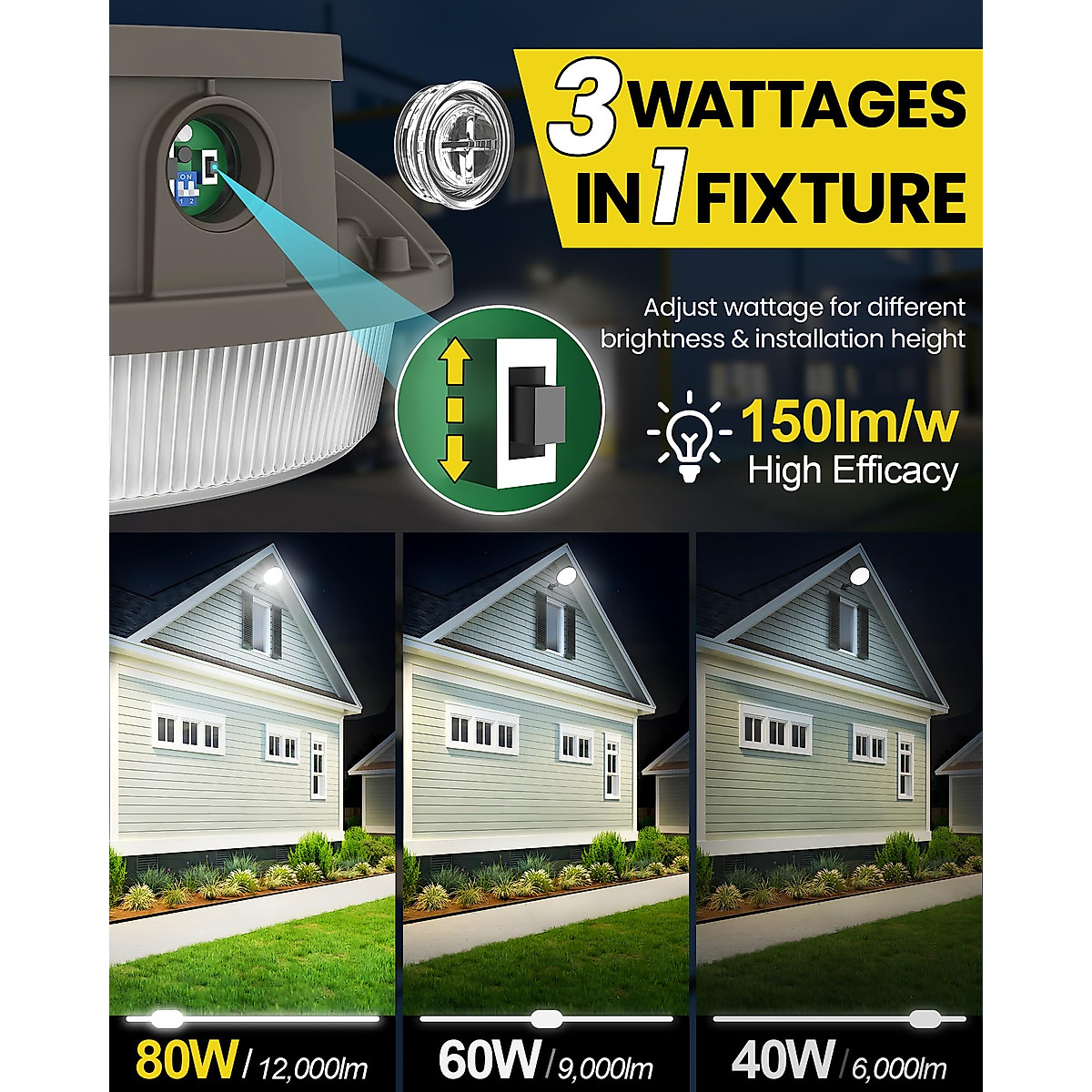 YARBO 80W LED Barn Light 60W 40W Switchable, 5000K/4000K/3000K Adjustable,12000LM Barn Lights Outdoor with Timer Dimming, Dusk to Dawn Outdoor Light with Photocell for Barn/Security/Yard/Garage/Street