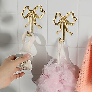LOGOFUN 2pcs Bow Hook Bowknot Hook Bow Hooks for Wall Bowknot Brass Hook Gold Wall Hook for Hanging Coat Hat Towel - Large (3.62X3.54X0.79in)