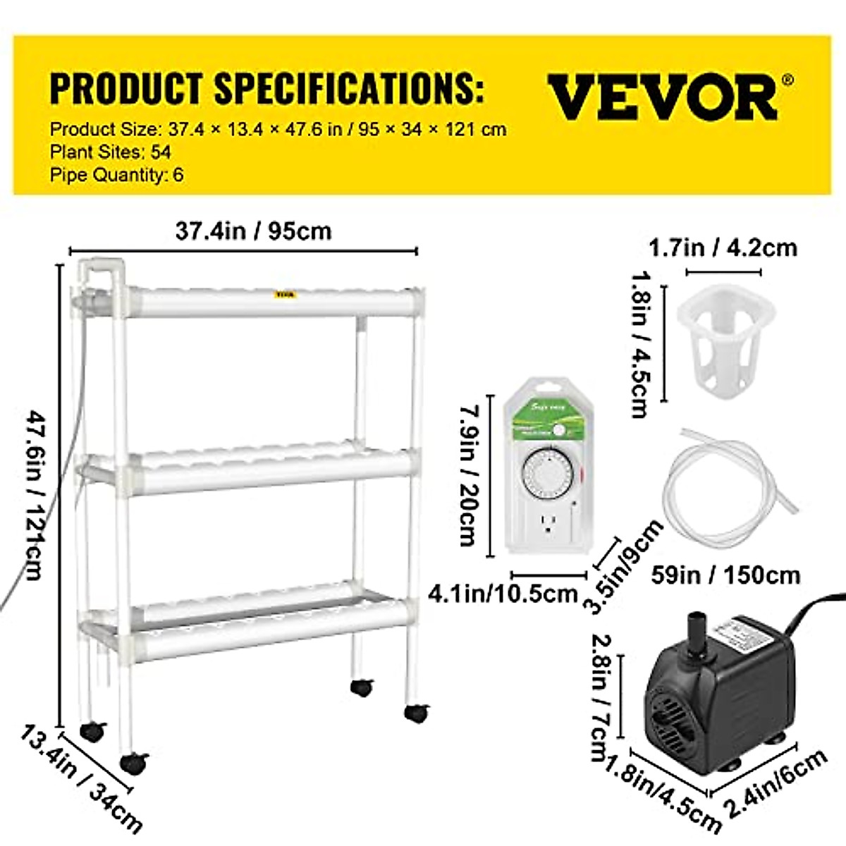 VEVOR Hydroponics Growing System, 54 Sites 6 Food-Grade PVC-U Pipes, 3 Layers Indoor Planting Kit with Water Pump, Timer, Nest Basket, Sponge for Fruits, Vegetables, Herb, White