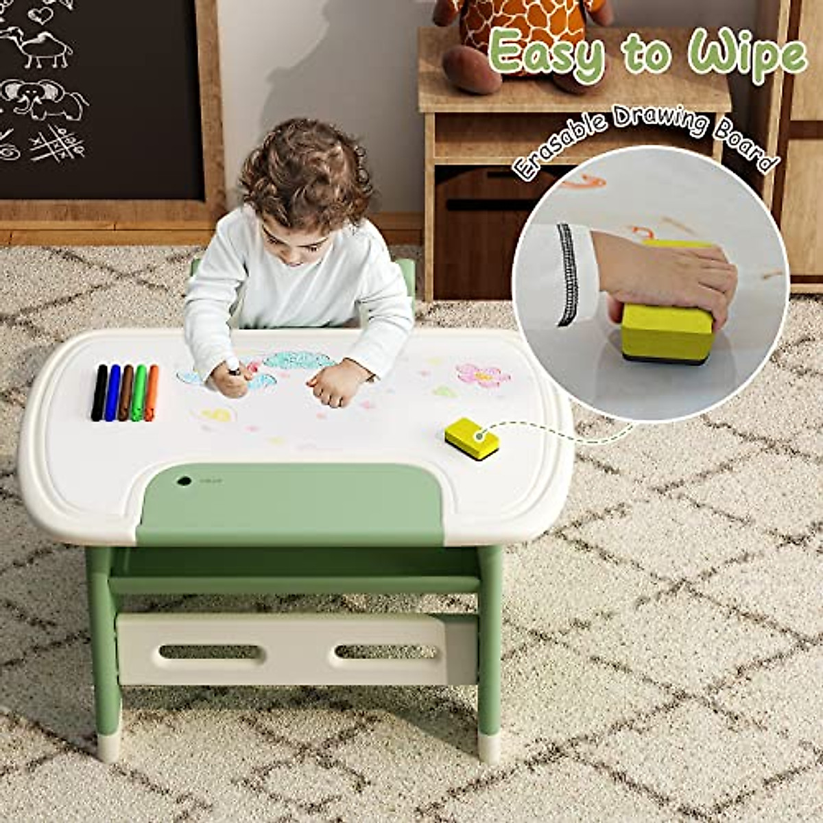 BanaSuper Kid's Drawing Table and Chair Set with Erasable Board Watercolor Pens Plastic Activity Table for Toddlers Children Desk Snack Time Homeschooling Homework Gift for Boy & Girl (Green)