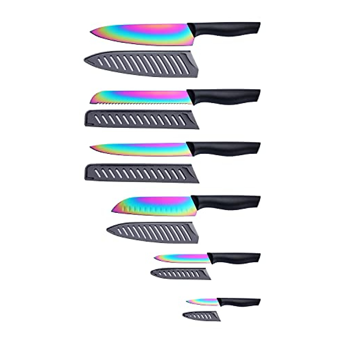 DISHWASHER SAFE Kitchen Knife Set, Marco Almond® KYA36 12-Piece Rainbow Titanium Stainless Steel Boxed Knives Set for Kitchen with Sheath, 6 Knives with 6 Blade Guards, Black