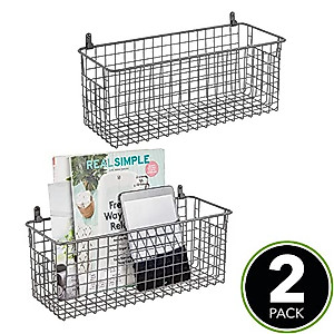 mDesign Portable Metal Farmhouse Wall Decor Storage Organizer Basket Bin with Handles for Hanging in Entryway, Mudroom, Bedroom, Bathroom, Laundry Room - Wall Mount Hooks Included, 2 Pack - Graphite