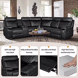 Merax, Black Home Theater Seating Manual Cup Holder, Hide-Away Storage PU Reclining Sofa Couch for Living Room