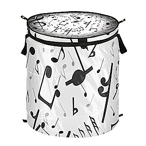 Black Music Notes Pop Up Laundry Hamper With Zipper Lid Foldable Laundry Basket With Handles Collapsible Storage Basket Clothes Organizer for Travel Kids Room