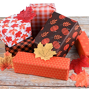 Konsait Thanksgiving Wrap Paper, 120 Sheet Fall Autumn Tissue Paper for Gift Wrapping, Maple Leaves Buffalo Plaid Polka Dot Pumpkin Prints Crafts Paper for Harvest Birthday Festival Bags Party Pompom