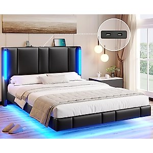 AOGLLATI Floating Bed Frame Full with LED Light and 2 USB Charging Station, Upholstered Platform Bed Frame Full Size with Heavy Wooden Slats Support, No Box Spring Needed