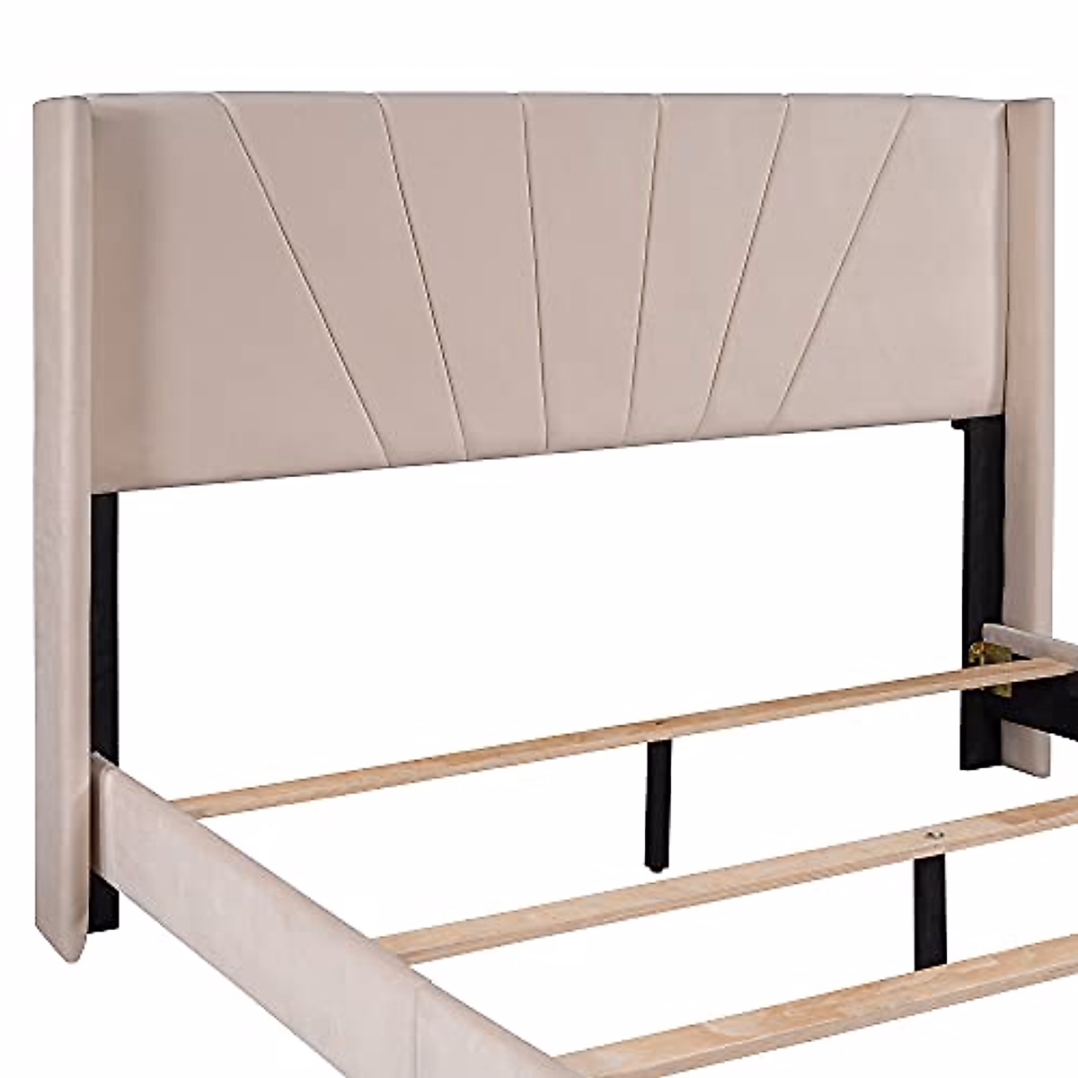 HBRR Queen Size Bed Frame with Velvet Upholstered Headboard, Low Profile Platform Bed with Wood Slats, Fully Upholstered Mattress Foundation, Noise-Free, Easy Assembly, Beige