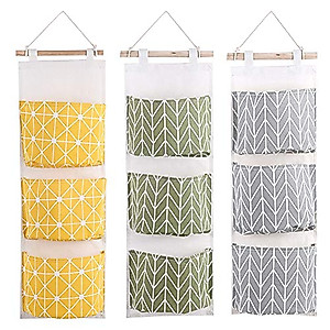 Estink 3Pcs Hanging Storage Bag, Fabric Wall Shelf Basket Storage Pouch, Cotton Linen Storage Bags Door Pouch with 3 Pockets, Organizer Bags for Bedroom Bathroom Kitchen(Gray)