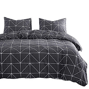 Wake In Cloud - Dark Gray Duvet Cover Set, 100% Cotton Bedding, Grey with White Geometric Pattern Printed, Zipper Closure (3pcs, Full Size)