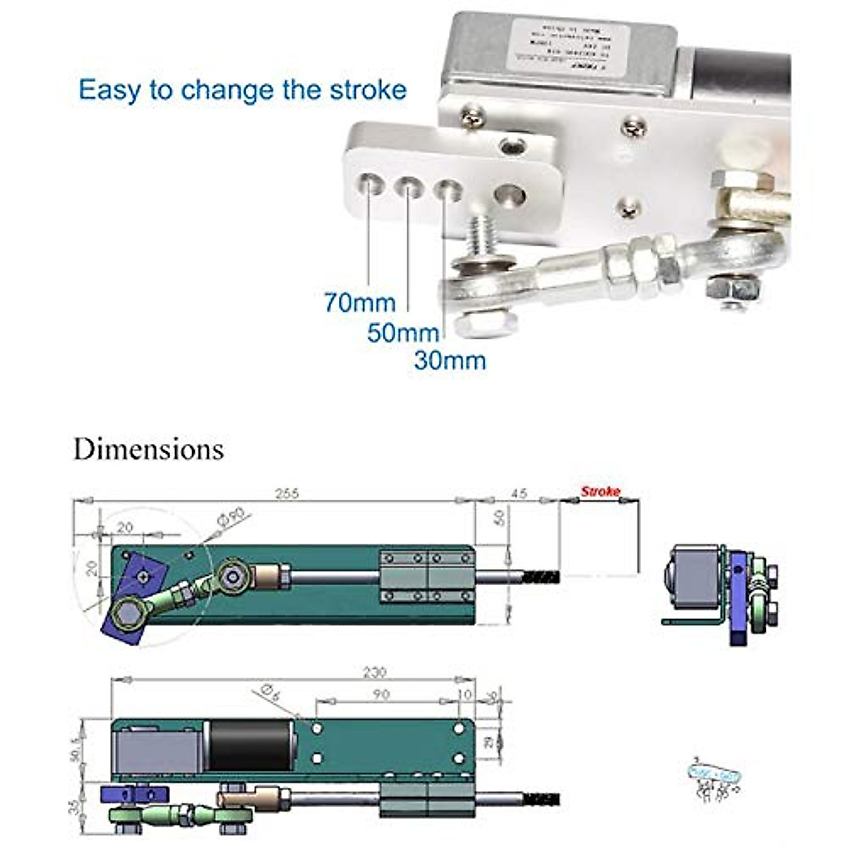 BEMONOC DIY Design DC 24V Linear Actuator Reciprocating Motor Stroke 70mm Adjustable+Switching Power Supply 110V-240V+PWM Speed Controller