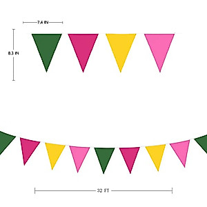 32Ft Hot Pink Green Yellow Pennant Banner Fabric Triangle Flag Bunting Garland for Flamingo Aloha Tropical Luna Hawaiian Jungle Summer Wedding Birthday Party Outdoor Garden Hanging Decoration