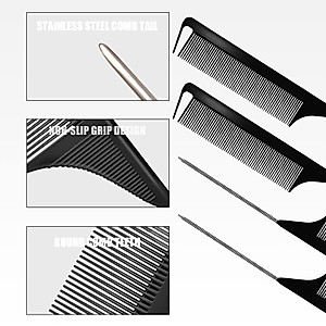 9 Pcs Hair Parting Comb Rat Tail Comb Set- 2 Pieces Braiding Comb Styling Comb 1 Fine and Wide Tooth Comb and Magnetic Wrist Sewing Pincushion Pin Cushion Holder with 5 Alligator Hair Clip (Black)