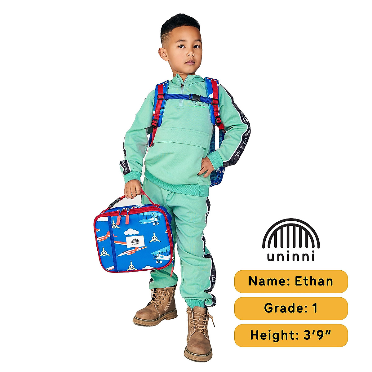 uninni 14" Kids Backpack for Girls and Boys Age 5-8 Years Old with Padded, and Adjustable Shoulder Straps - Aircraft (Blue)