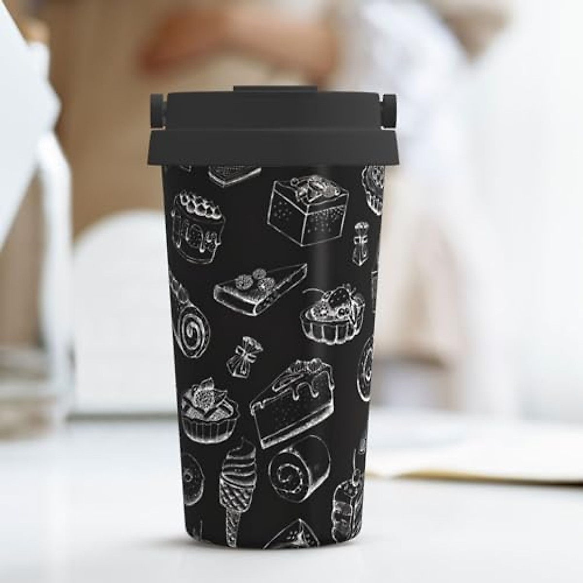 WANGXUEE Pastries On Chalkboard Print 500ml Stainless Steel Travel Tumbler Double Wall Vacuum Insulated Coffee Mug