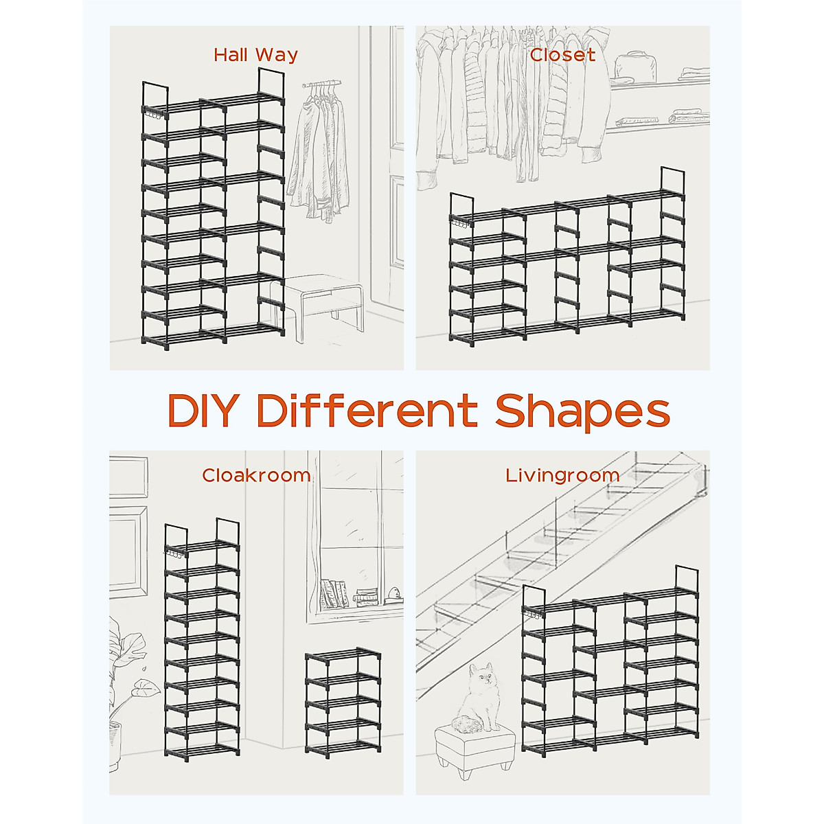 CASAMAYA Shoe Rack, 10 Tier Metal Shoe Organizer, DIY Tall Shoe Storage Shelf for 32 Pairs of Shoes and Boots, Space-Saving, Easy to Assemble, Entryway, Black SRT210B01