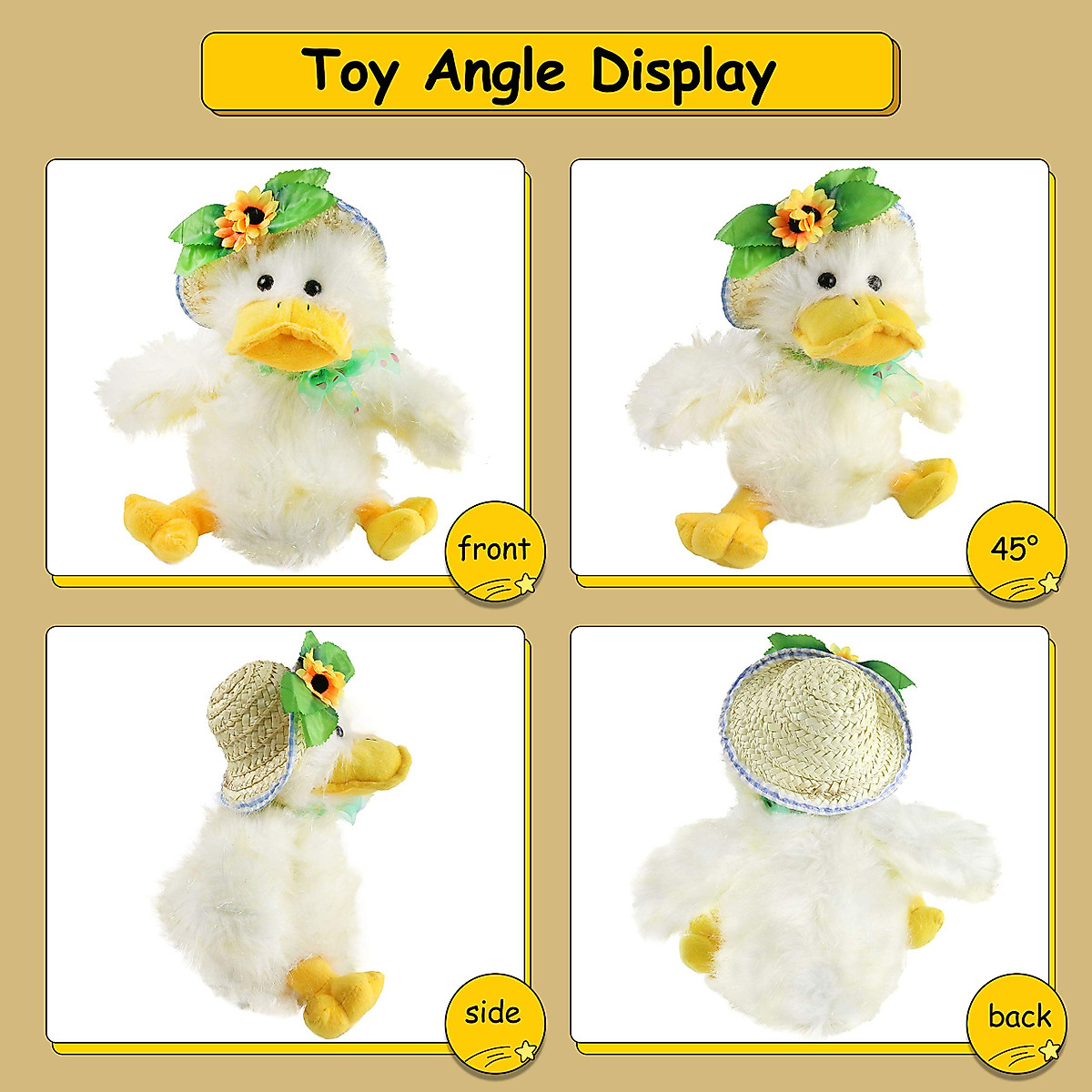 Houwsbaby 12" Electronic Music Dancing Duck Stuffed Animal Singing Dancing Singing Waving Interactive Plush Toy with Straw Hat for Boys Girls Kids Easter Birthday