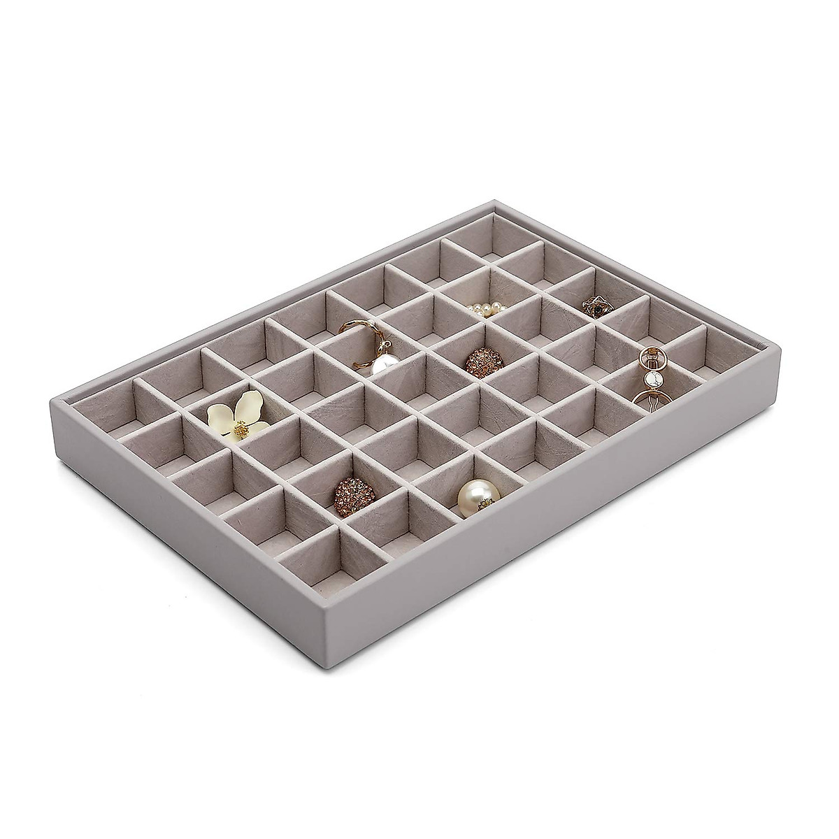 Vlando Jewelry Tray - Faux Leather Glass-top Jewelry Storage Organizer - Earring Necklace Bracelet Ring Display Desktop Drawer Chest, 4-Layer w/Clear Lid, Grey