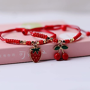 2Pcs Summer Fruit Strawberry Cherry Stretch String Bracelet Strawberry Cherry Beaded Charm Handmade Weave Red Rope Braided Adjustable Bracelet for Women Best Friends Friendship Jewelry Gift (2Pcs strawberry)