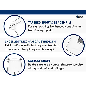 EISCO Conical Philips Beaker with Spout, 250mL - Borosilicate Glass (4.2" Tall, 2.6" Diameter)