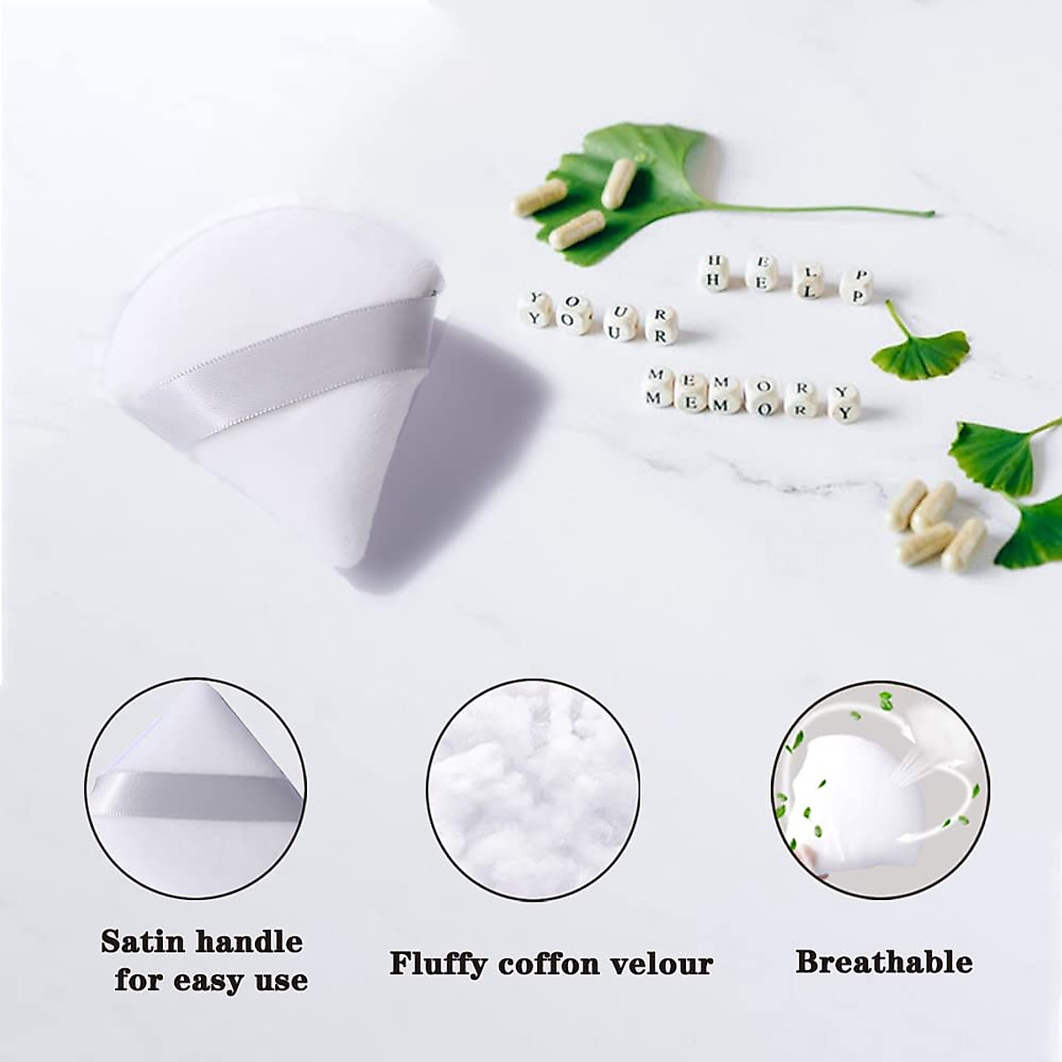 Triangle Powder Puff Makeup Puffs, 6 Pcs Ultra Soft Cotton Velour With Strap, Designed for Contouring,Under Eyes and Face Corners,Body Loose Powder Blending ​(White, Black)