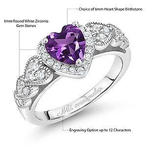 Gem Stone King 925 Sterling Silver Gemstone Birthstone Heart Engagement Ring | 6MM Heart Shape | Wedding Engagement Anniversary Promise Ring For Women | Available In Size 5, 6, 7, 8, 9