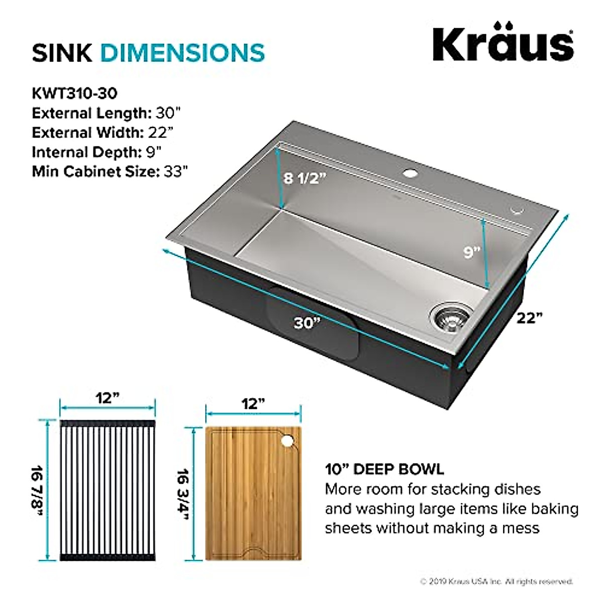 KRAUS Kore™ Workstation 30-inch Drop-In 16 Gauge Single Bowl Stainless Steel Kitchen Sink with Accessories (Pack of 5) with WasteGuard™ Continuous Feed Garbage Disposal, KWT310-30-100-75MB