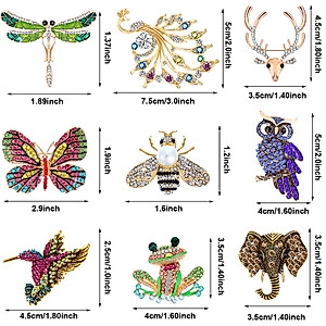 Hicarer 9 Pieces Women Brooches Pins Bulk Set Rhinestone Animal Insect Crystal Pins Butterfly Dragonfly Hummingbird Owl Peacock Brooch Pin for Women Girls Gifts, 9 Styles