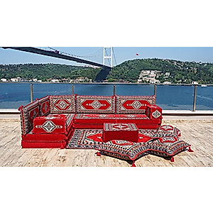 Red Corner Sofa Seating Set, L Shaped Arabic Sofa Set, Oriental Floor Seating, Living Room Sofa, Sofa Slipcovers, Patio Sofa (L Sofa + Rug + Poufs)