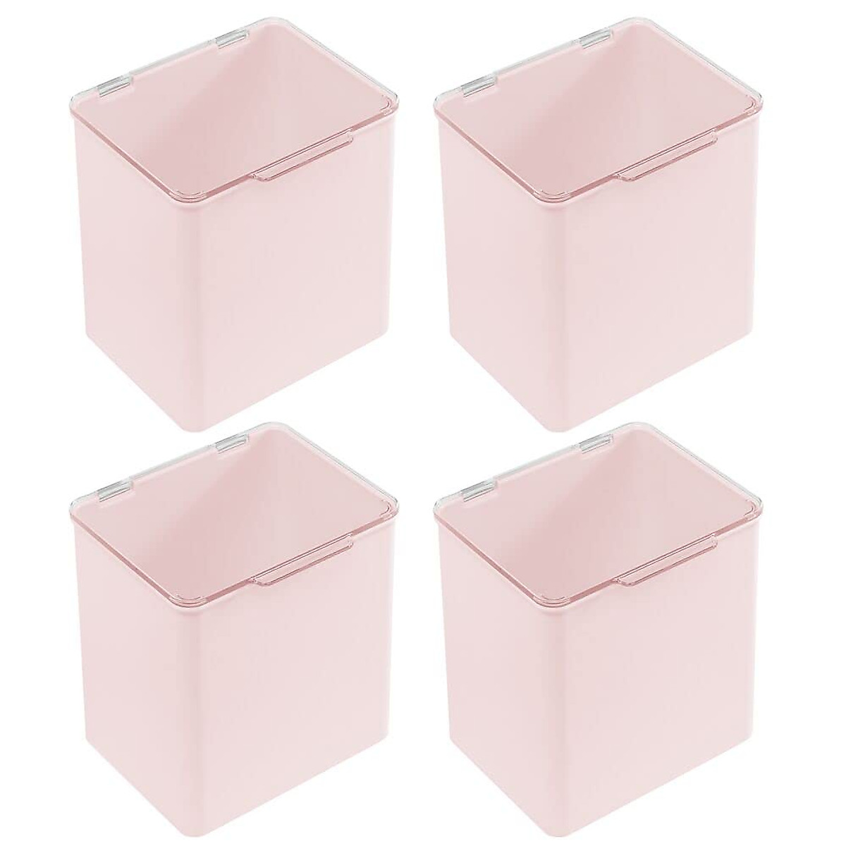 mDesign Plastic Stackable Box Household Storage Container with Attached Hinged Lid - Organizer for Entryway, Mudroom, Closet, Kitchen, Bathroom, Garage Kid's Room, Craft, 4 Pack - Light Pink/Clear