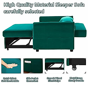 Gynsseh Convertible Sleeper Sofa Bed, 3 in 1 Pull Out Sofa Sleeper with Pillows and Side Storage Pocket, Soft Velvet Love Seat Lounge Sofa Bed for Living Room, Teal, from Twin to Full Size