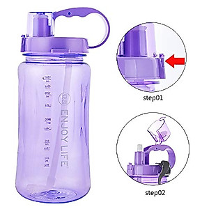 GTI 64 oz Water Bottle with Straw, Half Gallon Wide Mouth Portable Large Plastic Bottle Leak Proof Sports Cup 2L Big Travel Mugs with Scale Strap