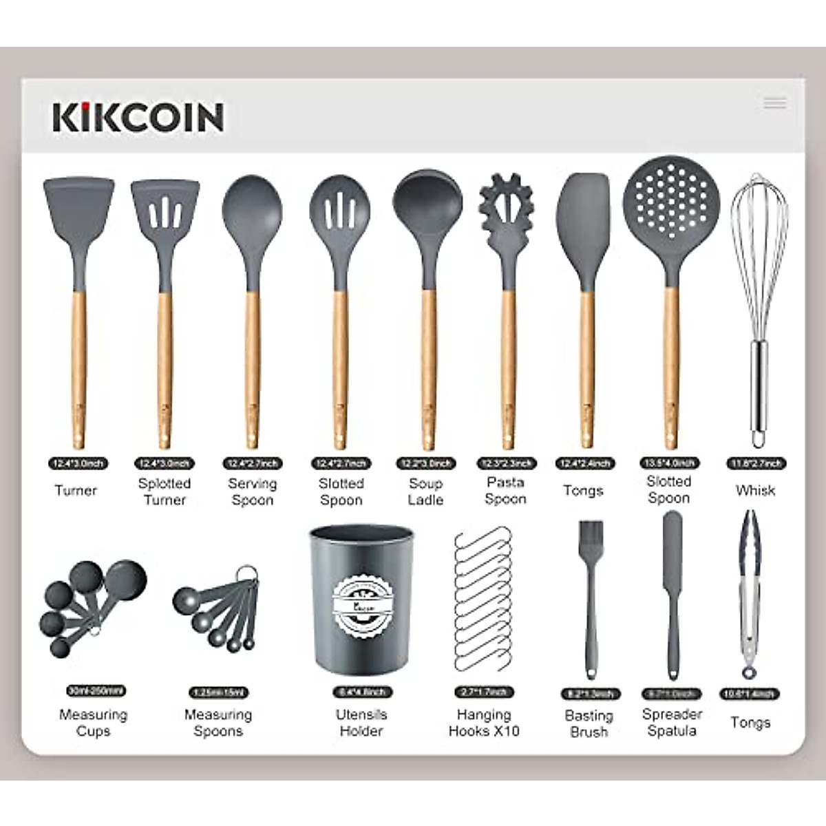 33 PCS Kitchen Utensils Set, Kikcoin Wood Handle Silicone Cooking Utensils Set with Holder, Spatulas Silicone Heat Resistant Cooking Gadgets for Nonstick Cookware, Grey