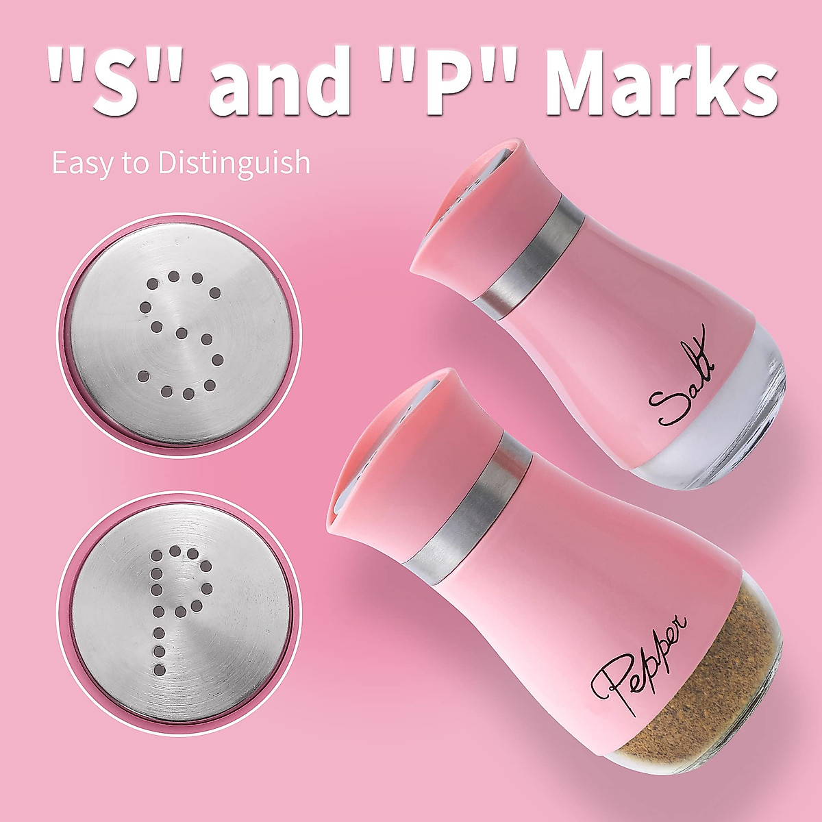 Salt and Pepper Shakers Set, Stainless Steel with Glass Bottle for Table, RV, Camp, BBQ, Set of 2, Pink
