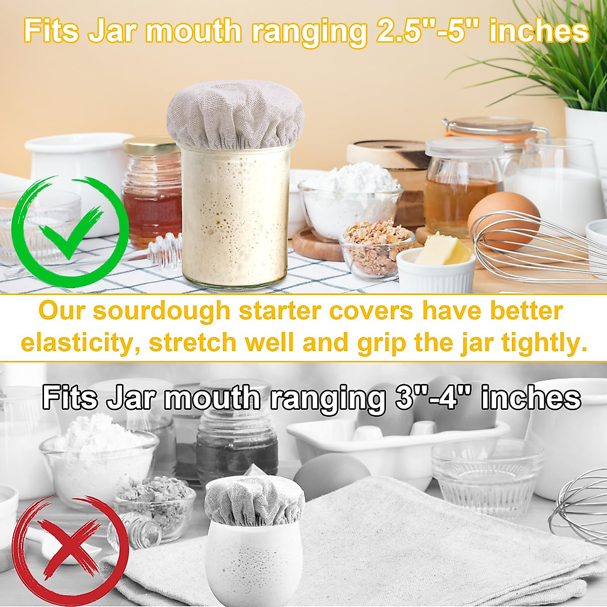 Vodolo 100% Cotton Sourdough Jar Cover,5 PCS Reusable Sourdough Bread Proofing Starter Jar Cloth Covers for Most Glass Mason Sour Dough Crock