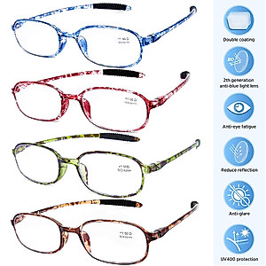AQWANO 4 Pack Computer Reading Glasses Blue Light Blocking Lightweight TR90 Flexible Frame UV Protection Readers for Women Men +2.0