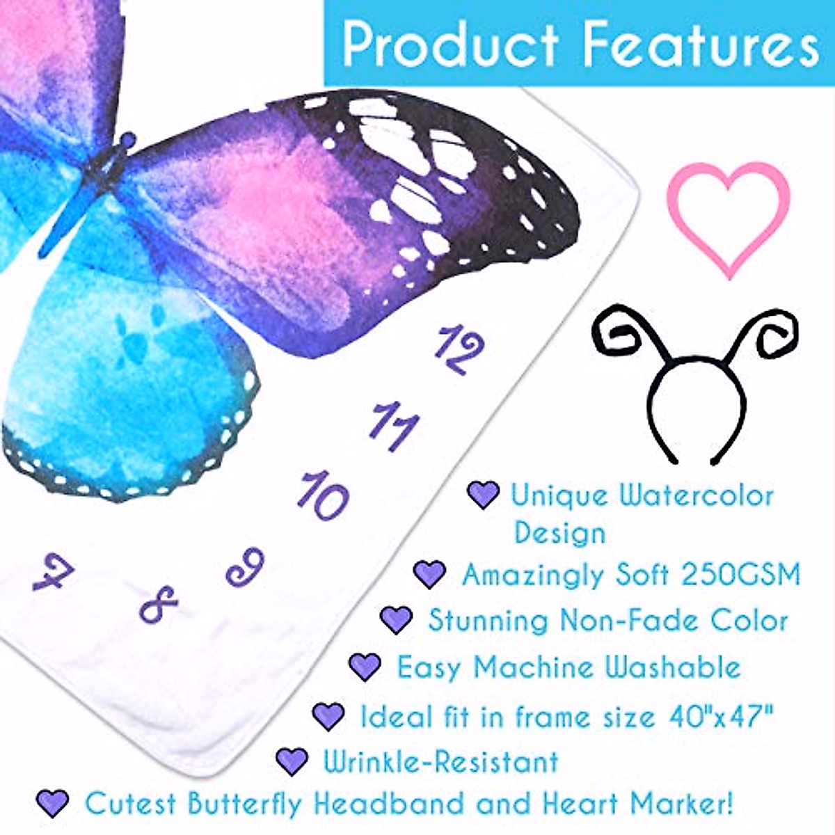 Evovee Baby Monthly Milestone Blanket Girl Butterfly Month Age Photo Photography Backdrop Newborn Girls Props Fleece Marker Headband New Moms