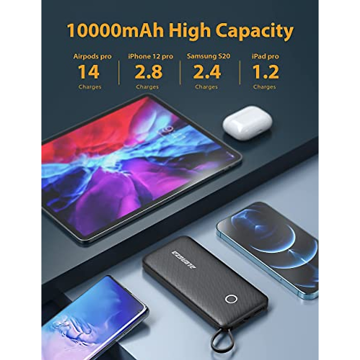 Portable Phone Charger Power Bank 10000mAh, Alongza Portable Charger Built in Cable USB Battery Pack, Slim External Backup Battery Charger with Cable, Travel Charger Compatible with iPhone and Android