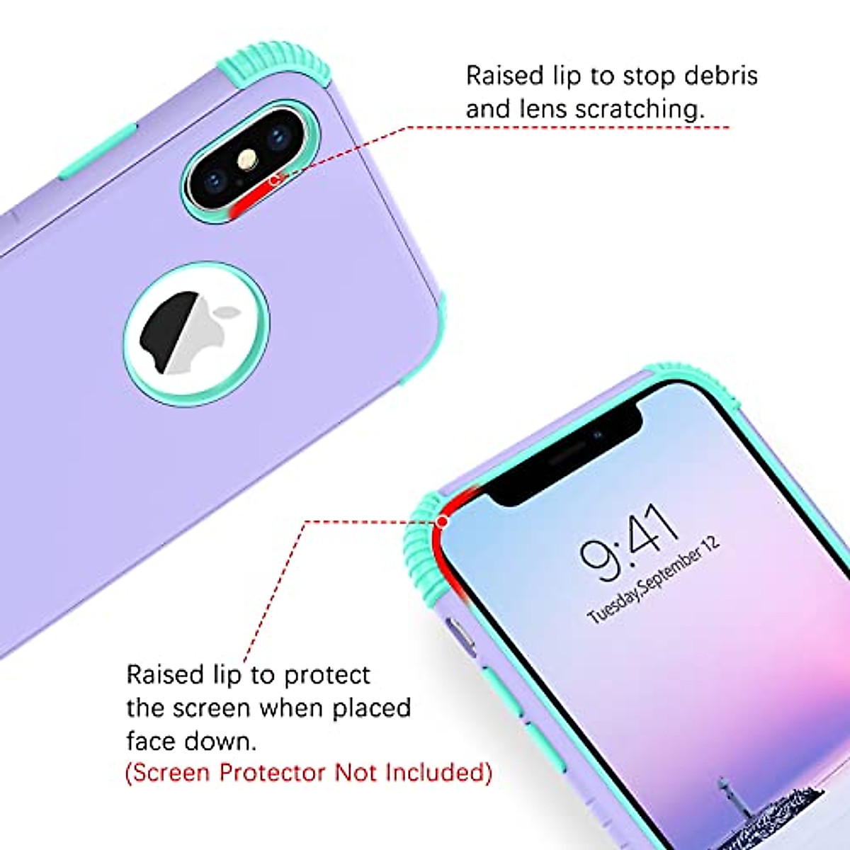 BENTOBEN iPhone X Case, iPhone Xs Case, 2 in 1 Slim Full Body Rugged Shockproof Hybrid Hard PC Bumper Drop Protective Girls Women Boy Men Covers for iPhone X/XS 5.8 inch, Purple/Mint
