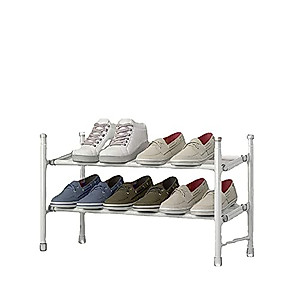 BNMGH 2-Tier Expandable Shoe Rack for Closet, Stainless Steel Freestanding Telescopic and Stackable Sturdy Durable 12-Pairs Storage Organizer Entryway Doorway 1pc (Silver)
