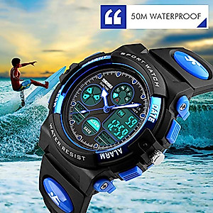 Dayllon Boys Digital Watch Outdoor Sports 50M Waterproof Electronic Watches Alarm Clock 12/24 H Stopwatch Calendar Wristwatch - Black Blue
