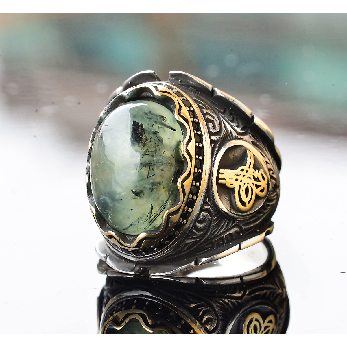925 Sterling Silver Men's Ring with Natural Prehnite Stone, Handcrafted Unique Design, Green Gemstone Ring for Men