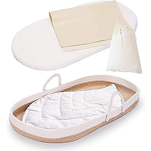 Baby Changing Basket, Portable Cotton Moses Basket for Babies, Nursery Set with Waterproof Leather Pad,Thick Diaper Changing Pad, Leaf Shape Cushion,Storage Bag, Cotton Rope, Changing Table Topper