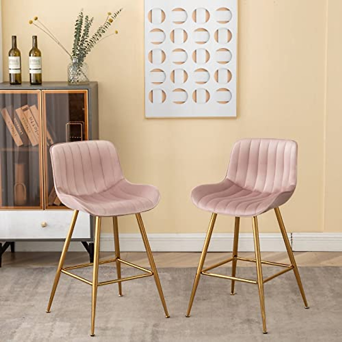 Whiterye Pink Bar Stools Set of 2, 24 Inch Counter Height Barstools with Back, Modern Bar Stools Gold Legs, Kitchen Stools for Island, (Pink).