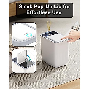 Runsand 3 Pack Small Bathroom Trash Can with Pop-Up Lid, 1.8Gal Slim Trash Bin with Storage Grid Lid, 7L Garbage Can Waste Basket for Bedroom, Laundry Room, Office, Dorms with White-Gray Colors