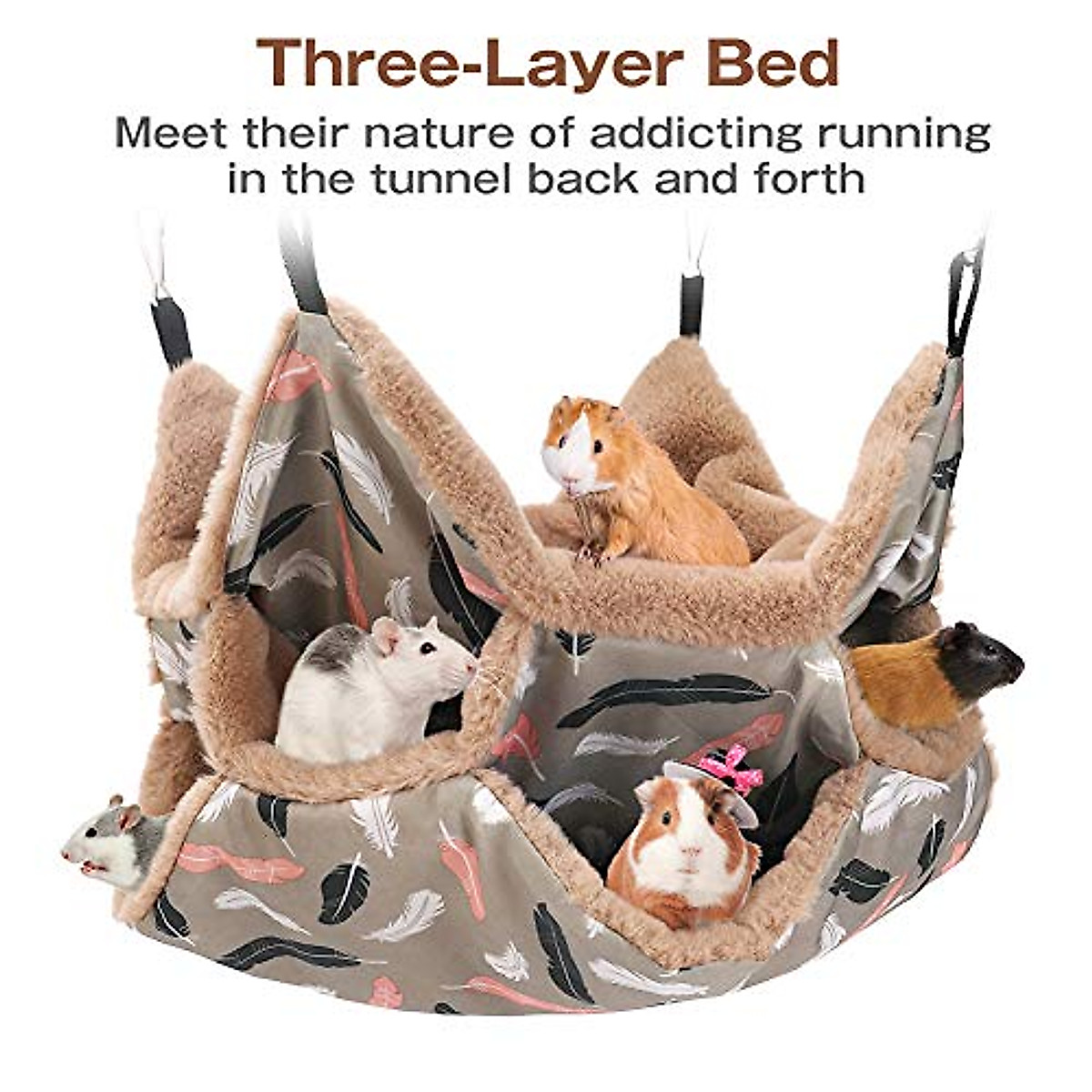 bokemar Small Animals Warm Plush Triple Bunkbed Cage Hanging Hammock Bed,Guinea Pig Cage Accessories Bedding, Warm Hammock for Parrot Ferret Squirrel Hamster Rat Playing Sleeping