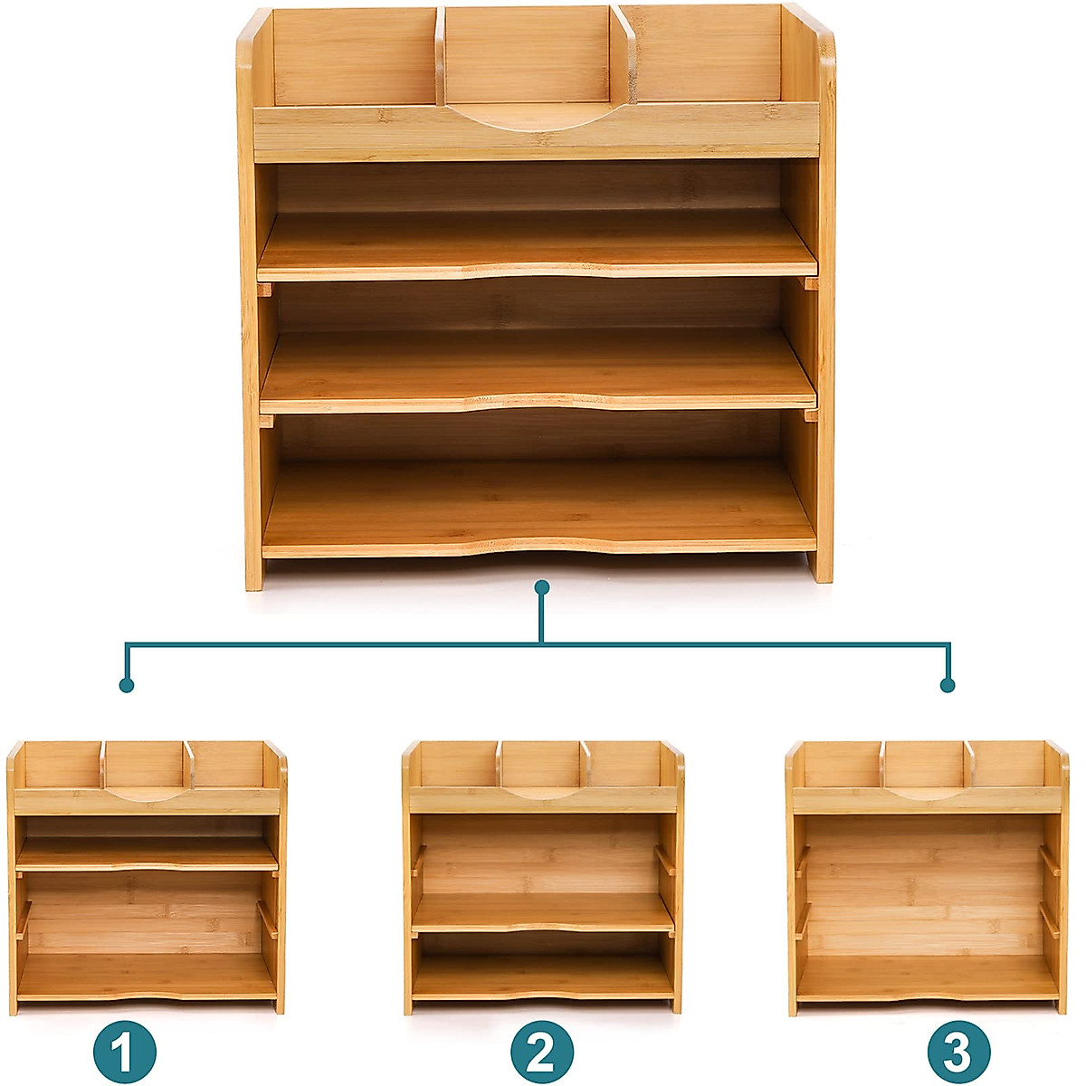 DEAYOU Bamboo Desk File Organizer, 13" Document Letter Tray Sorter with 2 Adjustable Shelves, 4 Tier Mail Organizer Countertop, Paper Storage Holder Box Cubby for Magazine, Office, Home, School