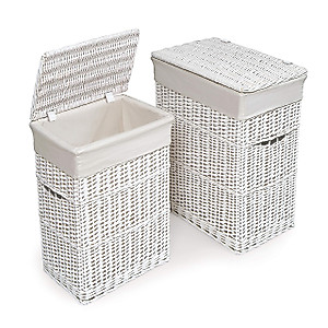 Wicker Two Laundry Hamper Set with Lids and Fabric Liners
