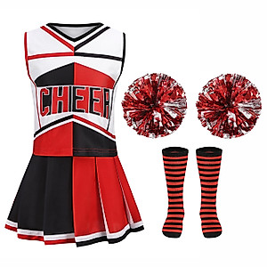 yolsun Cheerleader Costume for Girls, High School Cheerleading outfit with Socks and Pom Poms, Red and Black Halloween Birthday Party Uniform(4-6y)