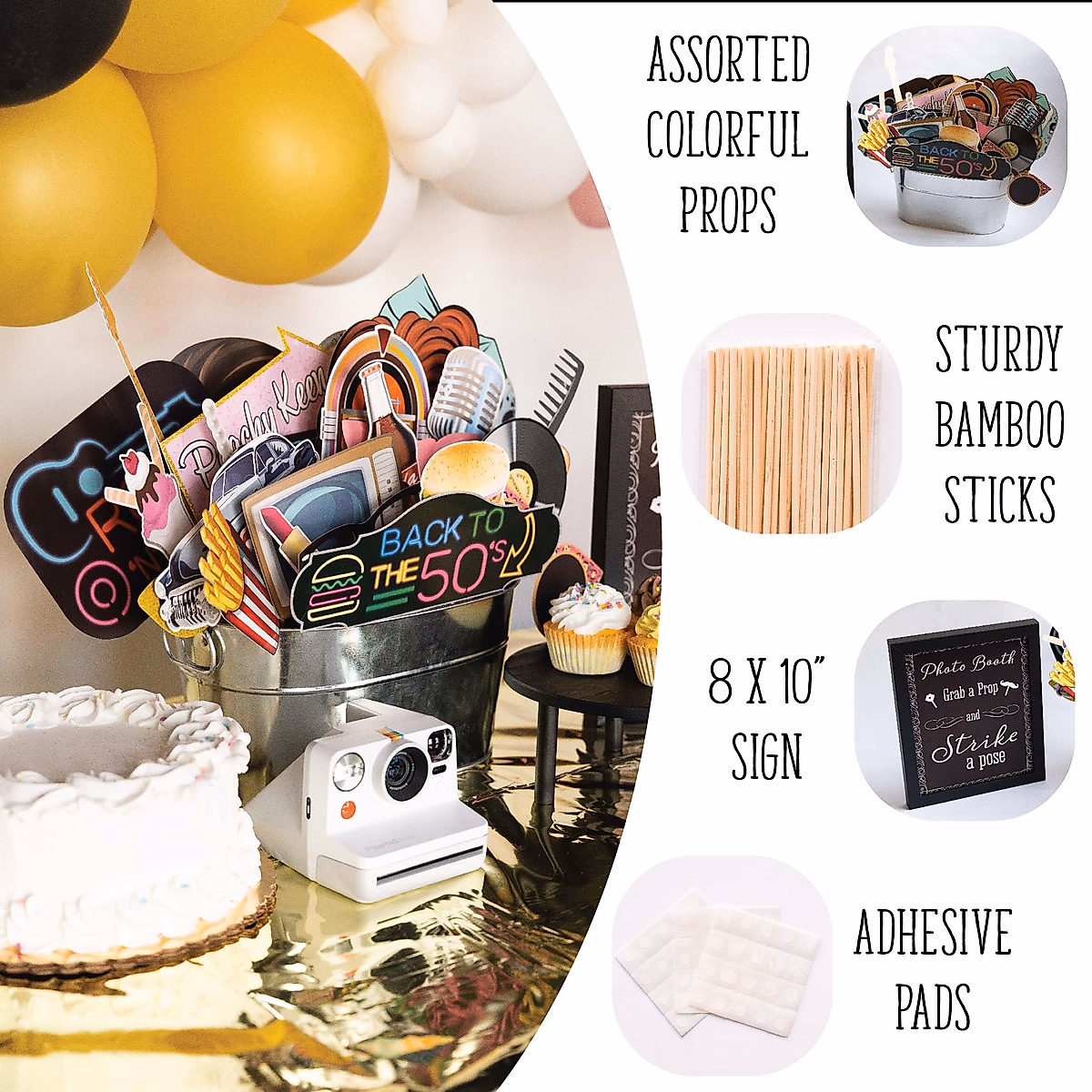 50s Photo Booth Props - 41-pc Photo Booth Kit with 8 x 10-Inch Sign, 60 Adhesive Pads, 45 Sticks - Sock Hop Party Decorations - Fifties Theme Photo Booth Props